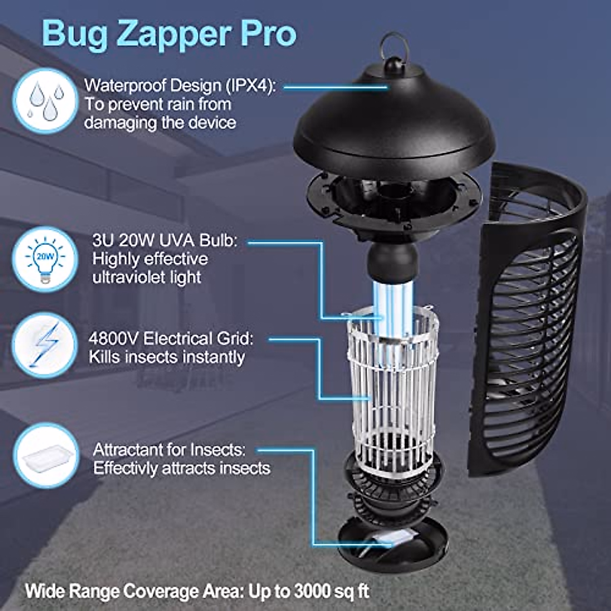 Bug Zapper Outdoor, Lunatino 4800V 20W Electric Mosquito Killer, Waterproof Mosquito Zapper Insect Fly Trap with Attractant for Home Bedroom Patio Garden Office (Black)