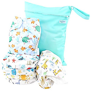Leekalos Cloth Diapers Reusable for Boys and Girls, Baby Diaper Cloth with Bamboo Inserts & Wet Bag (Undersea)