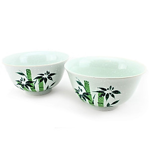 2 Piece Large Japanese Noodle Bowl Set ~ 41 Ounce Porcelain Ramen Noodle Bowls Hand-Painted Green Bamboo for Ramen Noodle Salad Udon Soba Pho Asian Noodles F15746