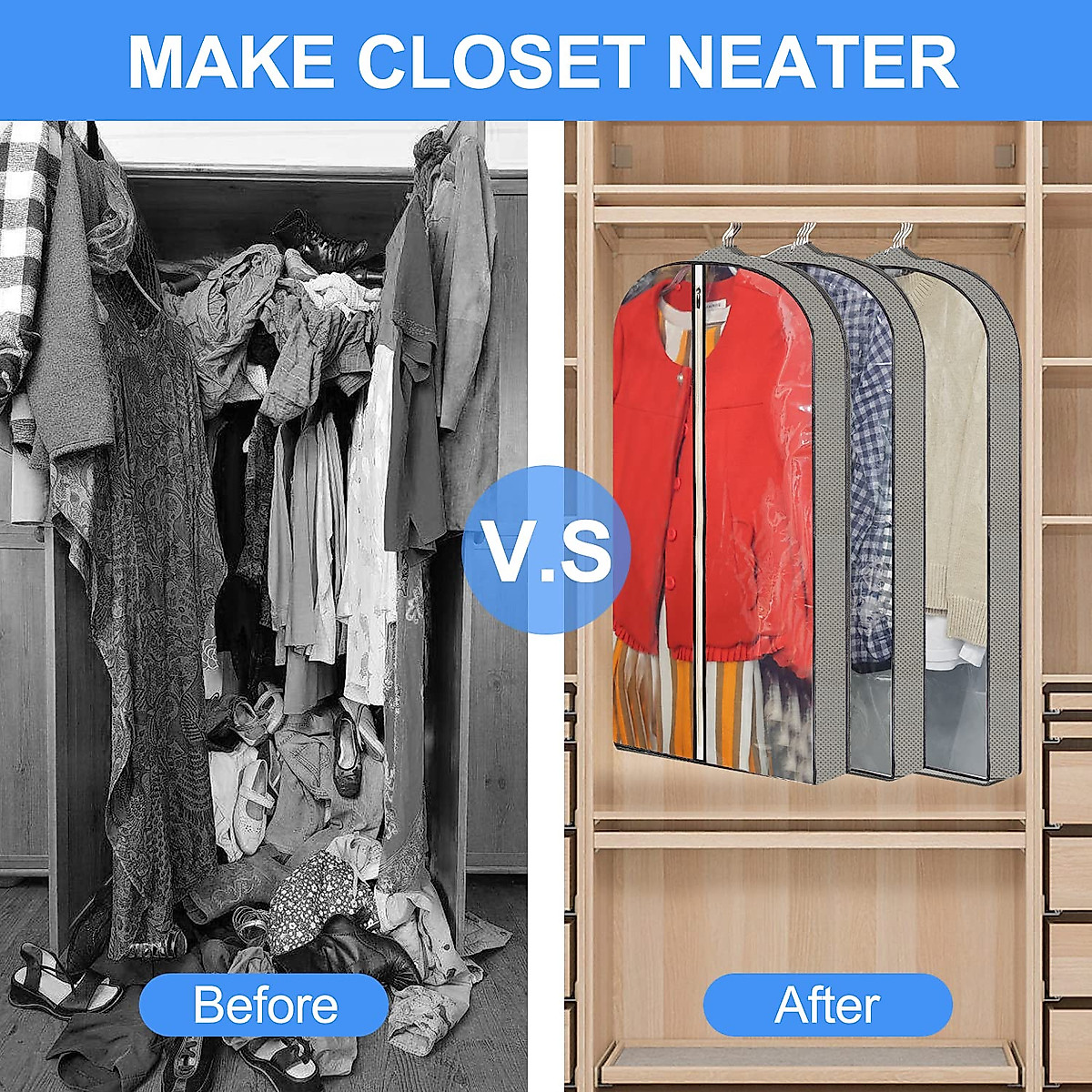 40" Garment Bags, Clear Moth Proof Suits Covers with 4" Gussetes, for Hanging Clothes Closet Storage Travel, Plastic Protector for Coat, Jacket, Sweater, Shirts, 3 Packs