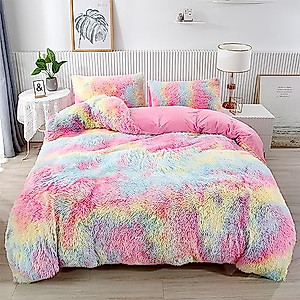 PERFEMET Pink Faux Fur Fluffy Comforter Twin 3-Piece Colorful Rainbow Plush Shaggy Bedding Sets for Girls Tie Dye Fuzzy Furry Comforter Set(Pink, Twin)