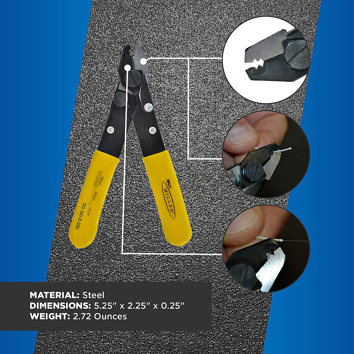 Miller FO 103-D Series Dual Hole Fiber Optic Stripper for Working Technicians, Electricians, and Installers, V-Shaped Opening, Safe Cable Tool, Easily Portable Wire Stripper, 2.72 Ounces