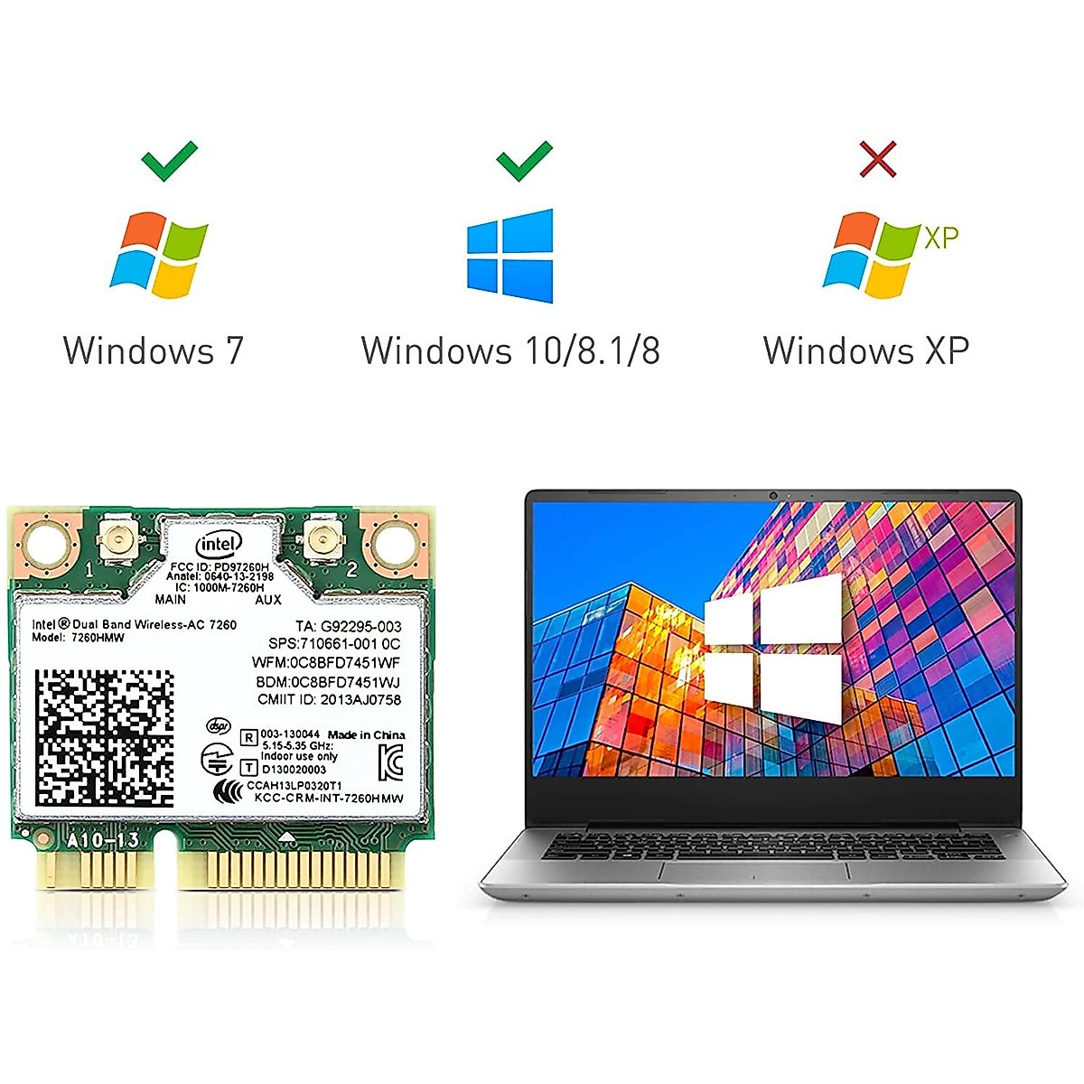 7260HMW WiFi Card, Dual Band Wireless-AC 7260 Mini PCIe Network Adapter with Bluetooth 4.0 Support Windows 10, Windows 8, Windows 7, WiFi Module Work with Laptop/Notebook