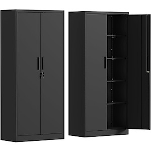 72" Metal Storage Cabinet with Lock, Heavy-Duty Garage Storage Cabinet with Doors and Adjustable Shelves, Tall Cabinet Tool Cabinet File Cabinet for Garage, Office, Home, Warehouse, Black