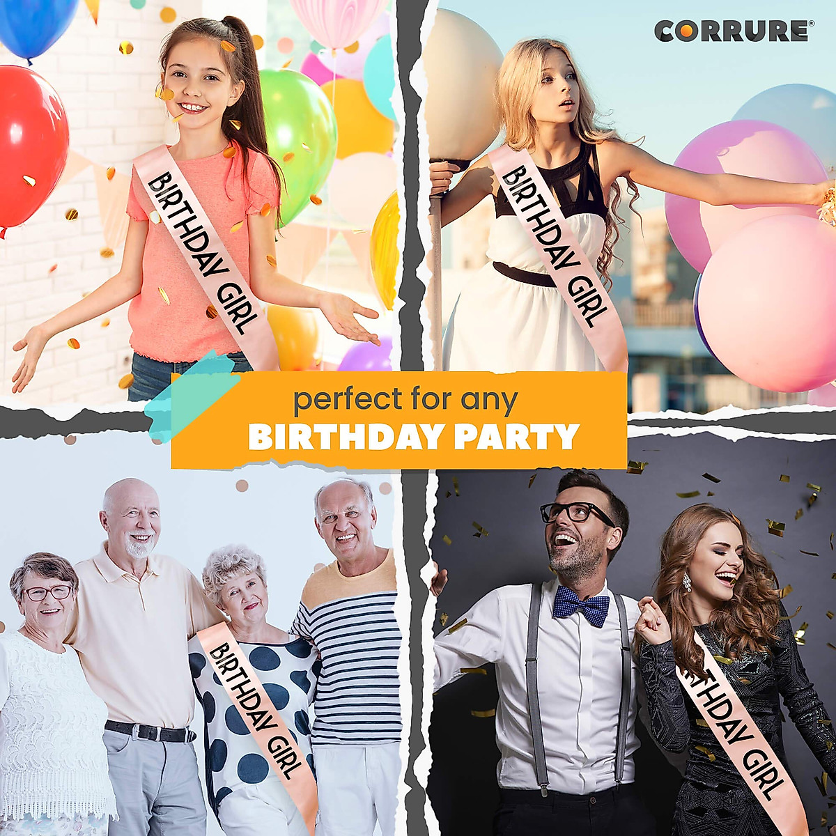 CORRURE 'Birthday Girl' Sash with Black Foil - Soft Satin Rose Gold Sash for Women - Birthday Sash for Happy 16th 18th 21st 25th 30th 40th 50th or Any Other Bday - Great Party Supplies and Decorations