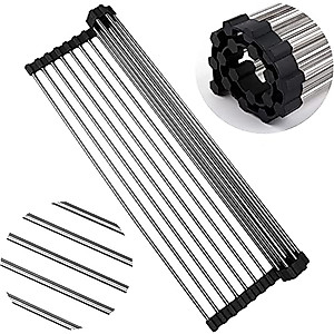 TILB Roll Up Dish Drying Rack Over The Sink Dish Drying Rack, Portable Stainless Steel Rolling Rack for Kitchen Sink, Foldable Drain Rack Easy to Clean and Sturdiness