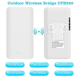 Point to Point Wireless Bridge Outdoor,5.8G WiFi Access Extender CPE Outdoor WiFi Long Range Internet Repeater Supports Video Surveillance Transmission up 1.2 Miles with 12DBi Gain Antenna 2 Pack