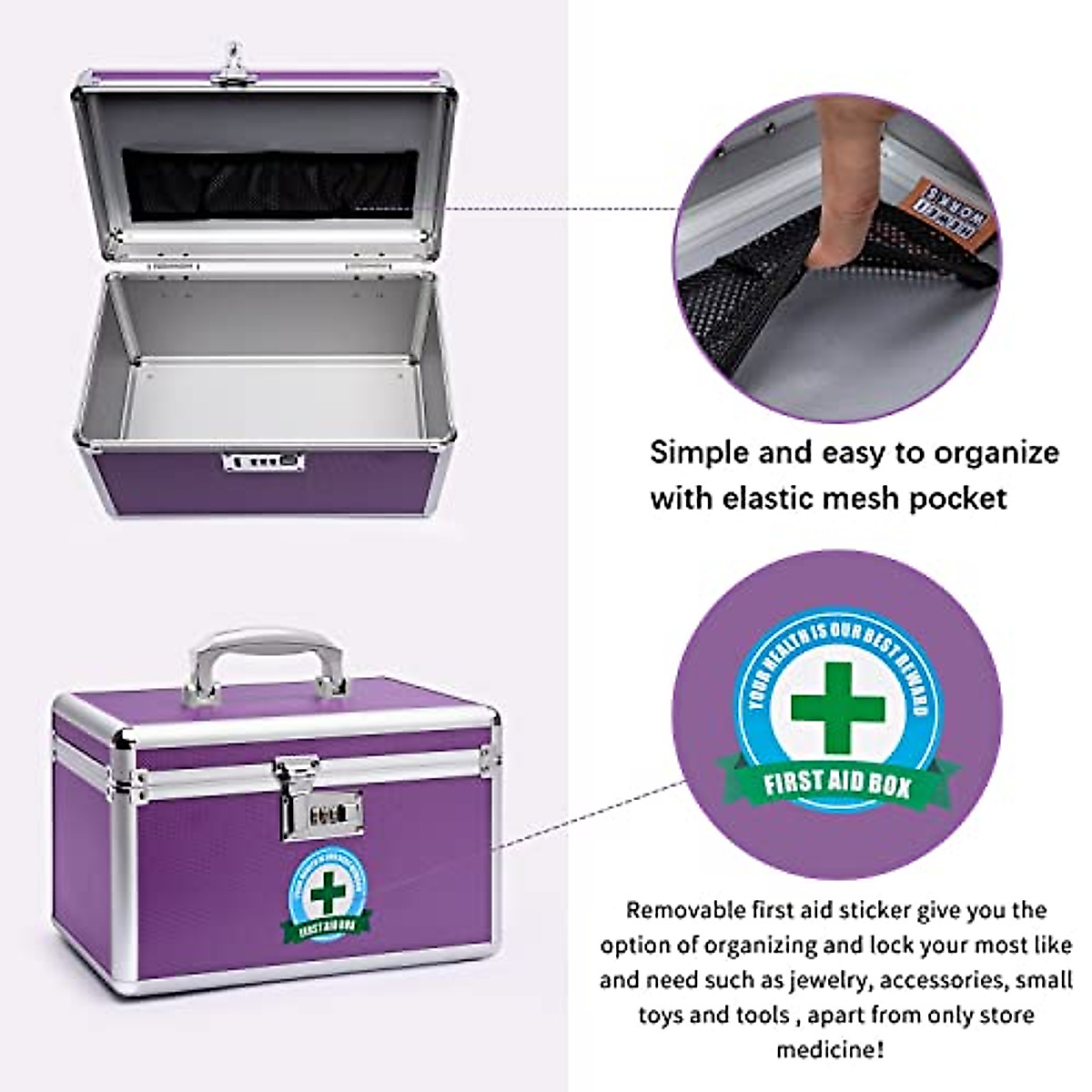 Combination Locking Medicine Box with Portable Storage Case，12.2''x 7.2''x 7.6'', Childproof Medication Lock Organizer，Lockbox for Secure Cash, Jewelry, ID Documents (Purple/Medium)