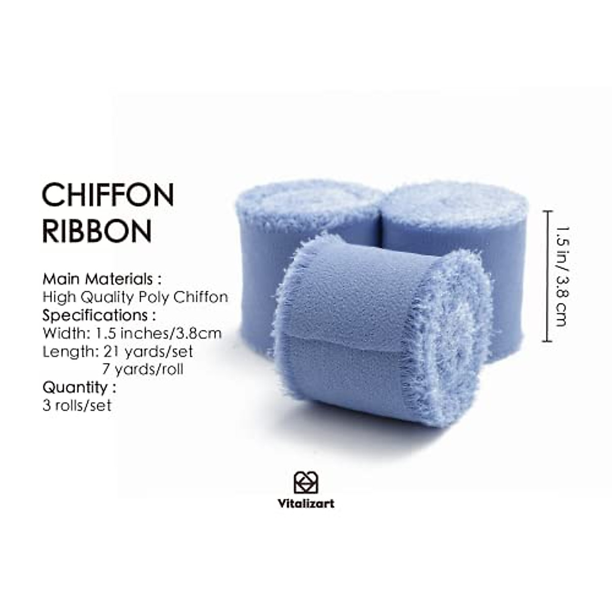 Vitalizart Dusty Blue Ribbon Chiffon Silk Ribbon 1.5" x 7Yd Handmade Fringe Ribbon for Gift Wrapping Wedding Invitations Bridal Shower Bouquets
