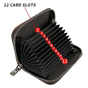 Women's Leather Zipper Wallet Card Organizer Ladies Small Purse with 12 Card Slots (Brown)