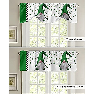 Tie-Up Valance Curtains for Window - St. Patrick's Day Cute Gnome Elves Shamrock Clover Gold Coin Black White Plaid Kitchen Valance - Light Filtering Valance Short Curtains with Adjustable Tie 54x18In