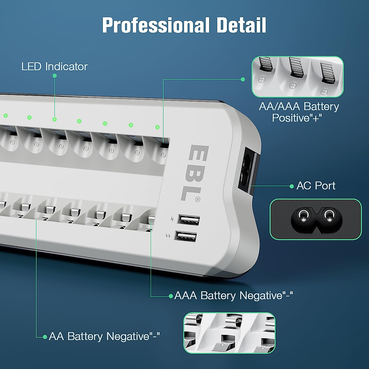 EBL Battery Charger with AA AAA Batteries - 8Bay Battery Charger and 4pcs AA Rechargeable Batteries 2800mAh & 4pcs AAA Battery NiMh Battery