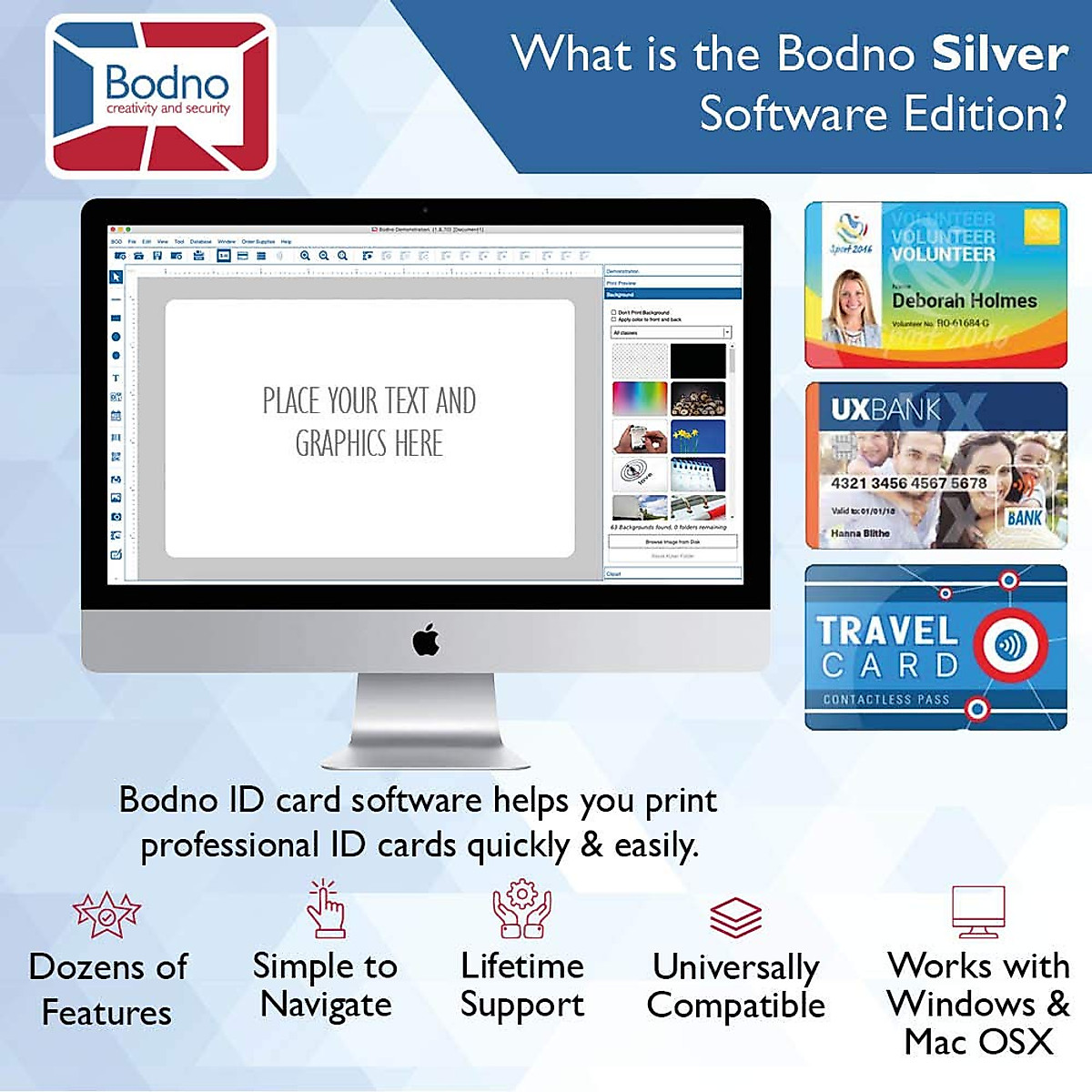 Bodno ID Card Software Program for PC & MAC - Design & Print Photo ID Cards and Gift/Loyalty Cards - Silver Edition