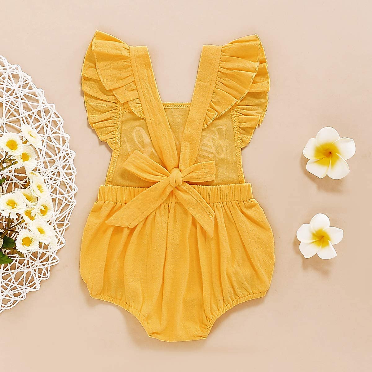 GRNSHTS Baby Girls First Birthday Outfits Ruffle Honey Bee Romper Backless Bodysuit Cake Smash Outfits (Yellow, 12-18 Months)