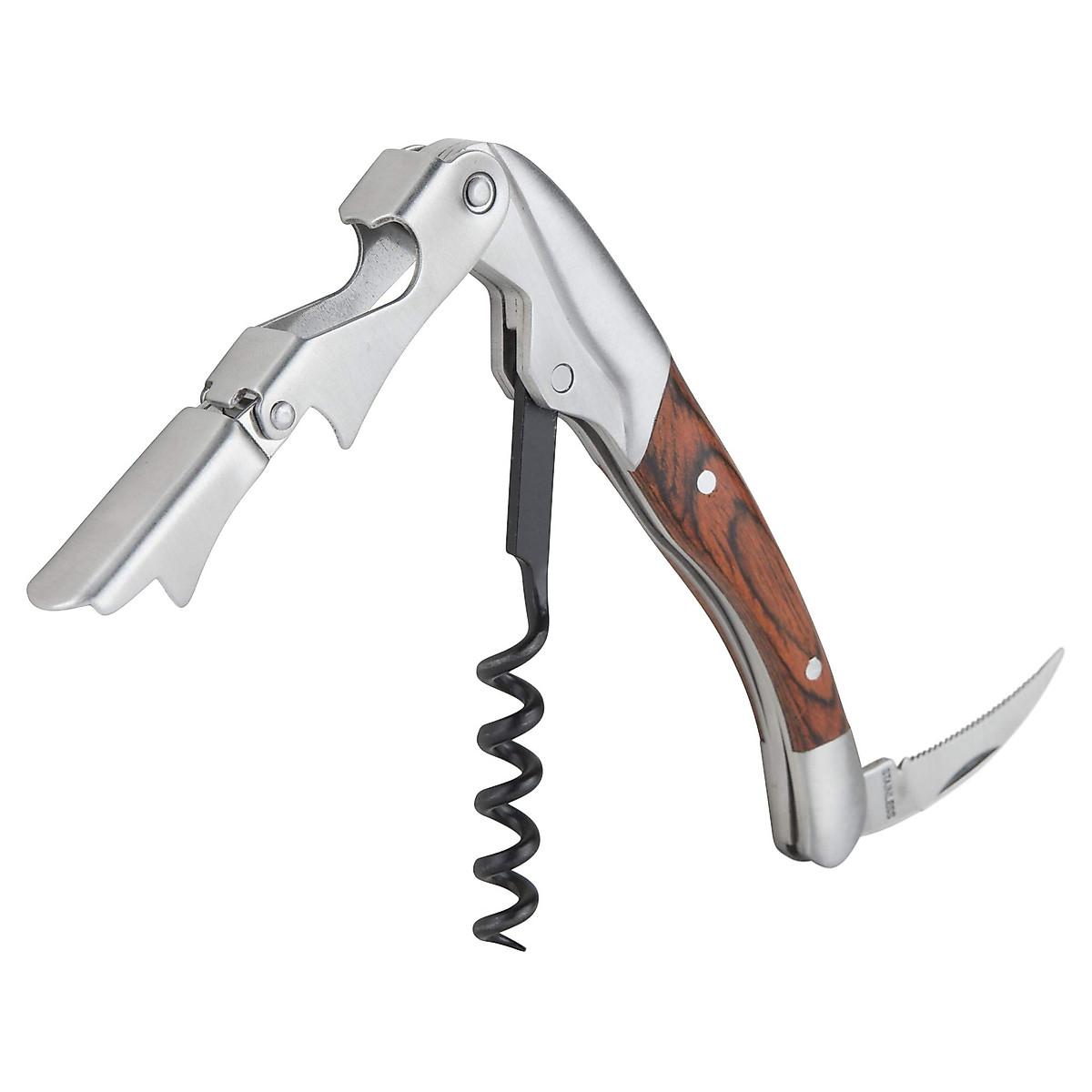 True Wood Handle Double Hinged Waiter’s Corkscrew, Stainless Steel Wine Key with Foil Cutter