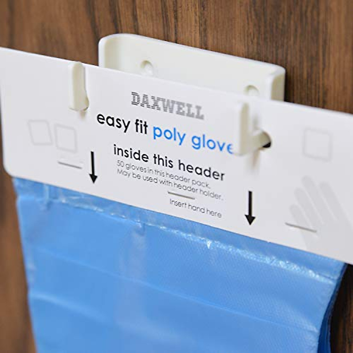 Daxwell Poly Gloves, Easy-Fit Food Prep Gloves, Header Gloves, One Size Fits All, Blue, With Wall Mount, F10003538 (Case of 1,000, 20 Cards of 50)