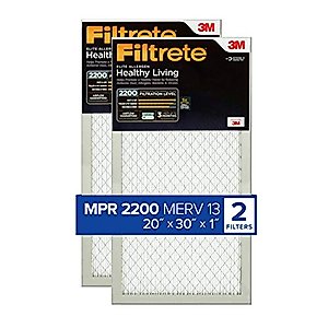 Filtrete 20x30x1 Air Filter MPR 2200 MERV 13, Healthy Living Elite Allergen, 2-Pack (exact dimensions 19.81x29.81x0.78),White