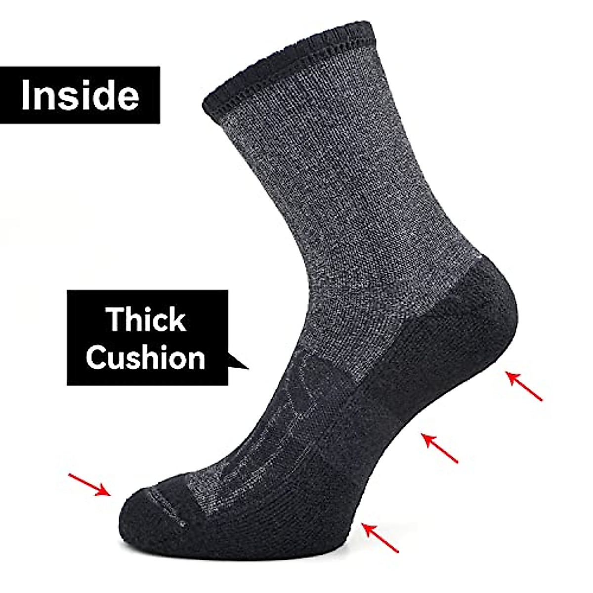 Socks Daze Black Merino Wool Hiking Socks Mens Size 10-13, Ladies Autumn Long Fuzzy Padded Anti-Blister Bike Trail Wool Socks Women Plus Size, Large, 4 Pairs Black