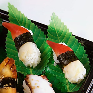 Operitacx 200pcs Artificial Leaf Sushi Plate Decoration Fake Green Leaves Sashimi Serving Tray Sushi Dish Platter Ornaments for Japanese Restaurant Decor