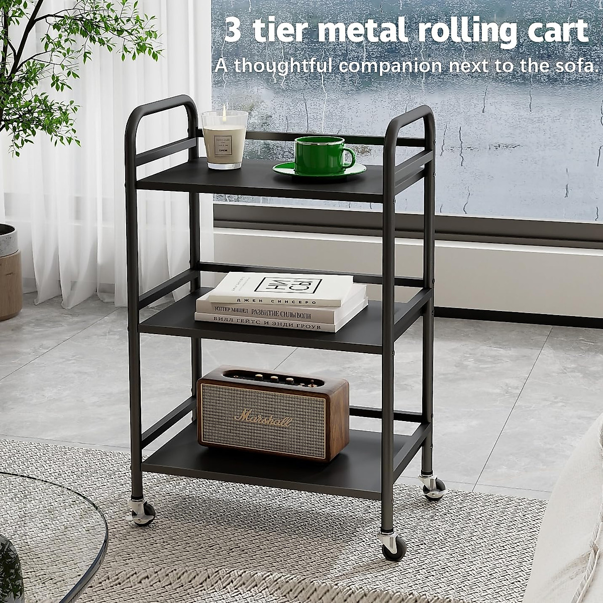 HDANI 3 Tier Rolling Cart Shelves,Heavy Duty Multifunctional Metal Frame-Supports 40 Lbs Per Tier,Rolling Cart with 2 Lockable Wheels for Home,Office,Kitchen,Bathroom,Bedroom (Black)