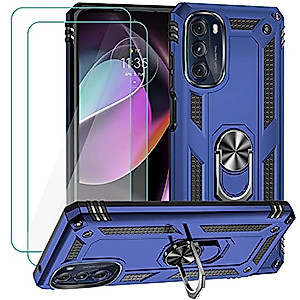 Muntinfe for Motorola Moto G 5G 2022 Case with 2 Pcs Tempered Glass Screen Protector, Military-Grade Armor Shockproof Protective Phone Cover with Ring Magnetic Kickstand for Moto G 5G, Blue