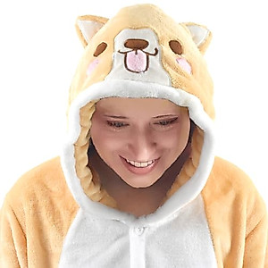 U-ParBoo Corgi Onesie Adult, Corgi Costumes Unisex Adult Onesie Pajamas Animal One Piece Halloween Costume Flannel Sleepwear Corgi L