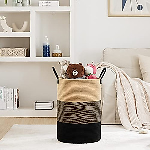 72L Large Woven Laundry Hamper by Fiona's magic, Tall Cotton Rope Storage Basket, Jute Baby Nursery Hamper for Blankets, Toys and Clothes in Bedroom and Living Room Organizing, Brown & Black