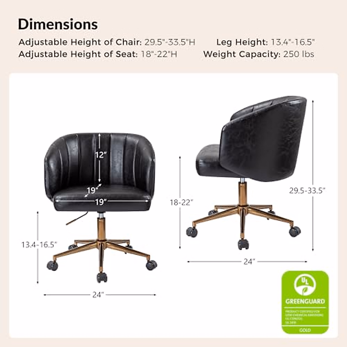 HULALA HOME Modern Faux Leather Office Chair with Gold Metal Base, Home Desk Chair with Channel Barrel Back, Height-Adjustable Swivel Computer Task Chair for Study Bedroom Living Room, Black