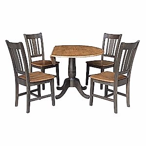 IC International Concepts 42-Inch Round Drop Leaf Dining Table Set with 4 Chairs, Ideal for Small Spaces and Dining Rooms - Hickory/Washed Coal Finish