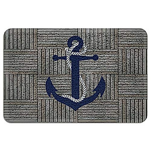 BestLives Wire Loop Doormat Vintage Blue Nautical Anchor Non Slip Waterproof Thicken PVC Floor Mat Indoor Outdoor Area Runner Decoration for Home Kitchen Measures, 18"x30"