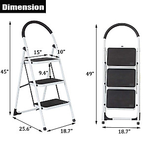 KARMAS PRODUCT Folding 3 Step Ladder Portable Steel Step Stool Wide Platform with Handgrip for Kitchen Home 330lb Capacity