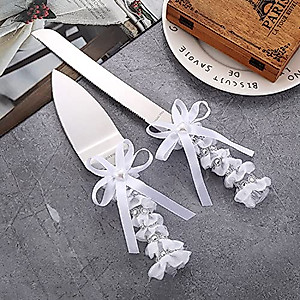TANG SONG Elegant Stainless Steel Wedding Cake Knife and Serving Set Resin Plastic Handle with Heart Beads and Bowknot Riband Lace Design