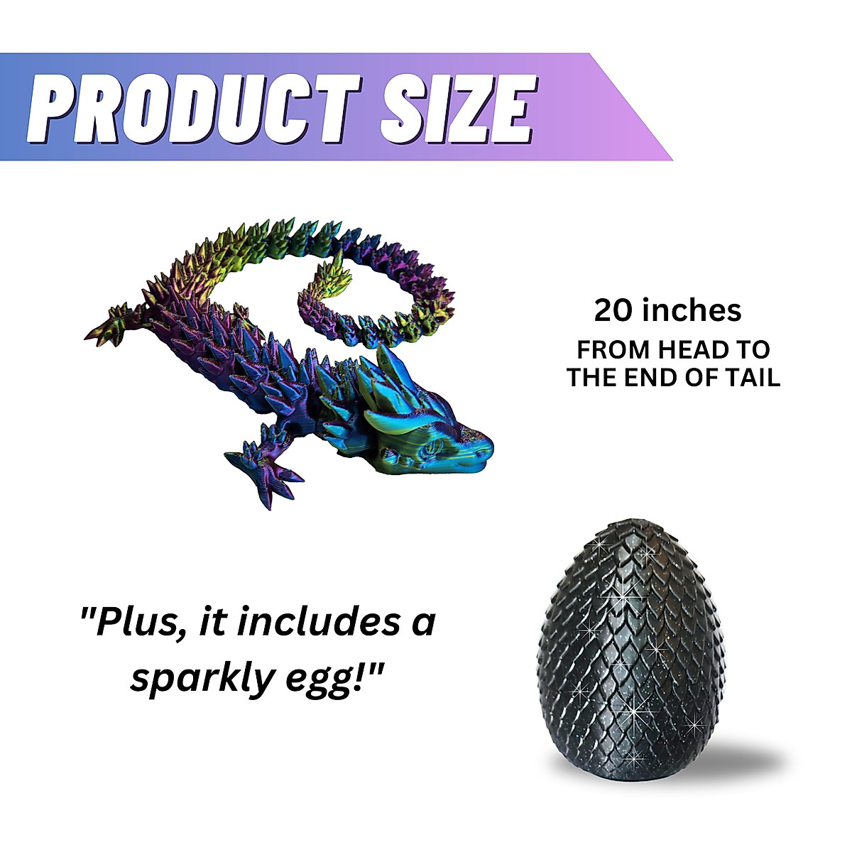 Amerimaker 20" Articulated Dragon With Egg - Big Color Changing - 3D Printed Dragon With Egg - Fidget Dragon Egg & 3D Dragon - Toy Dragon Egg With Figures - Made in the USA - (Rainbow With Black Egg)