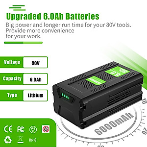 Bonacell 6.0Ah 80V Replacement for Greenworks 80V Battery Compatible for Greenworks 80 Volt Battery GBA80200 GBA80250 GBA80300 GBA80400 GBA80500 Max Cordless Power Tools