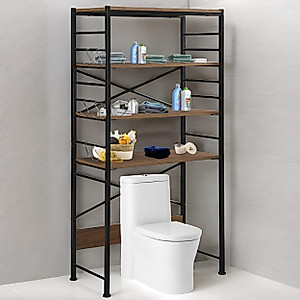 PrimeZone Over The Toilet Storage Shelf - 4 Tier Adjustable Metal Bathroom Shelves Organizer with 6 Hooks, Freestanding Above Toilet Storage Rack Waterproof Space Saver for Bathroom Laundry, Black