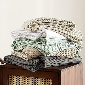 PHF Ultra Soft Waffle Weave Throw Blanket 50"x 60"- Washed Lightweight Breathable Cozy Woven Blanket for All Season - Great for Couch Bed Sofa Home Car - Light Khaki/Linen