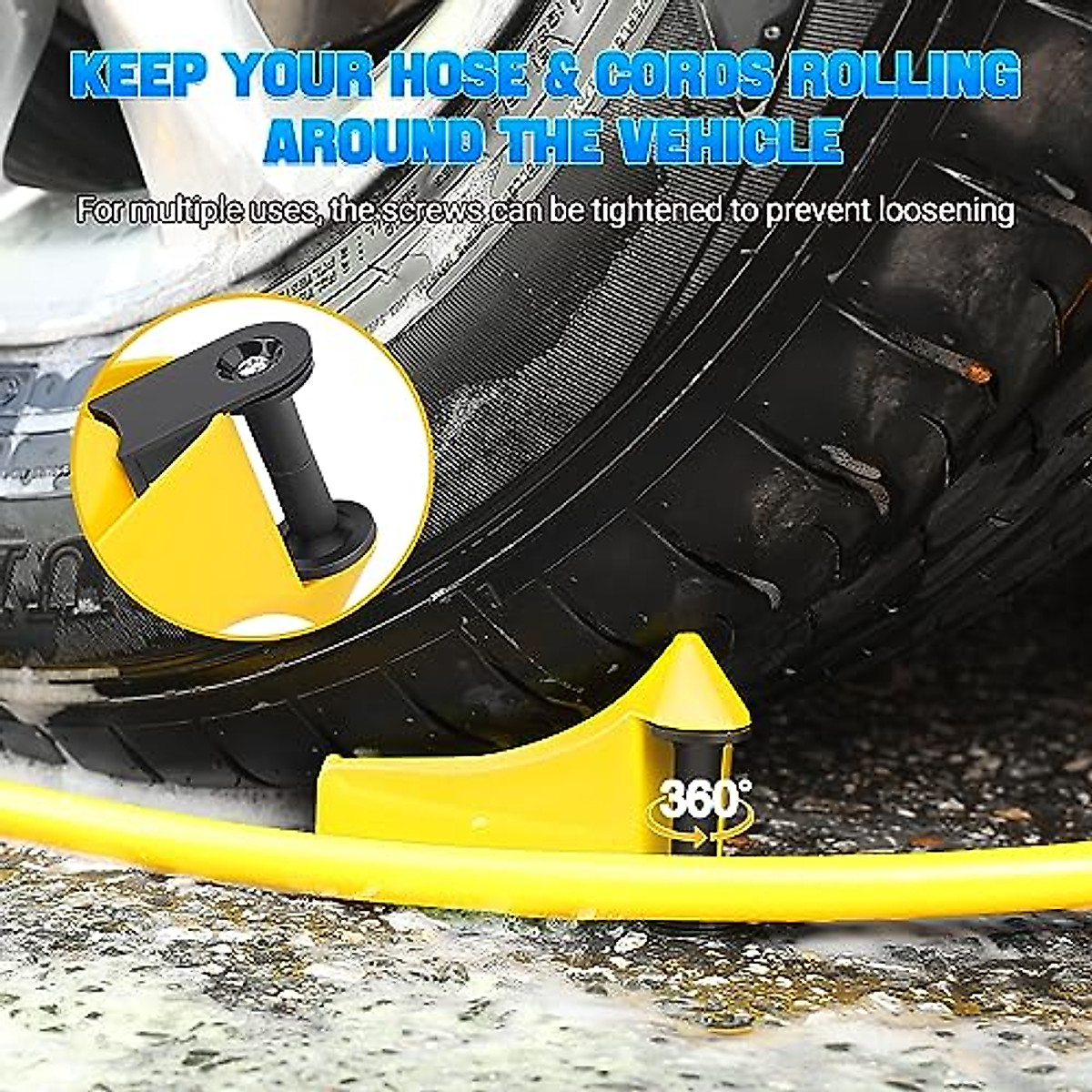 SHINEHOME 4 Pcs Car Hose Guide, Car Detailing Cleaning Tools Hose Guides for Car Washing, Tire Hose Roller Preventing Car Wash Hose Stuck Under The Tires, for All Types of Wheels (Yellow)