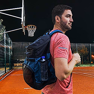 Xelfly Basketball Backpack with Ball Compartment – Sports Equipment Bag for Soccer Ball, Volleyball, Gym, Outdoor, Travel, Team – 2 Bottle Pockets, Includes Laundry or Shoe Bag – 25L (Blue)