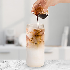 20 OZ Glass Cups with Acacia Lids and Glass Straws - 4pcs Set Beer Can Shaped Drinking Glasses, Iced Coffee Glasses, Cute Tumbler Cup for Smoothies, Juices, Boba Tea, Water - Cleaning Brush Included