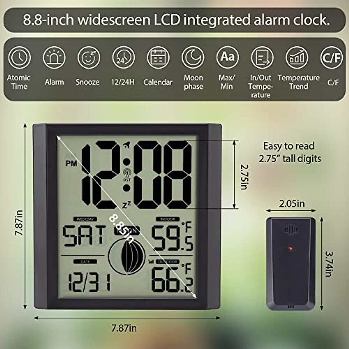 Digital Atomic Wall Clock, Atomic Clocks with Indoor Outdoor Temperature,Battery Operated,Calendar,Large Number Clock with Day and Date for Bedroom Home Office Elderly