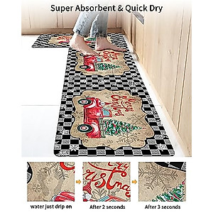 Christmas Bath Mat for Tub,Non Slip Bathroom Floor Runner Rug Quick Dry & Absorbent Diatomaceous Earth Shower Sink Bedroom Kitchen Washable Doormat,Red Truck Snow Tree Black Checkered 16x24+16x47