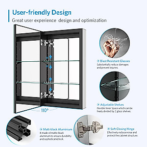 Quavikey Medicine Cabinet with Aluminum Recessed or Surface Mount Bathroom Mirror with Storage 16x26 Inch, Black