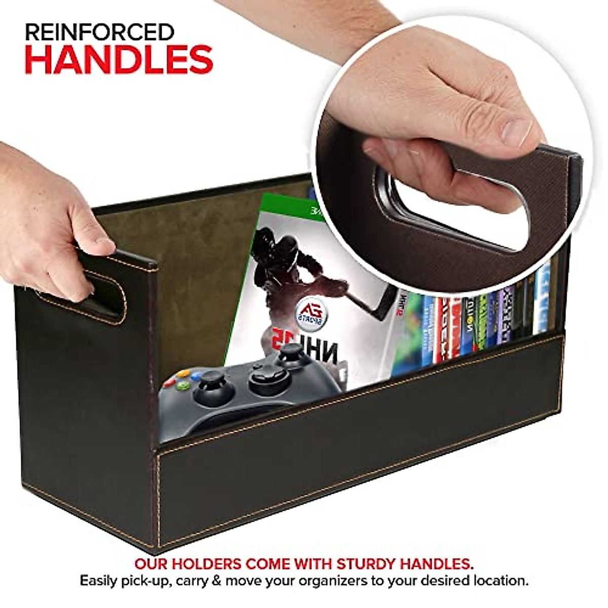 Stock Your Home DVD Storage Box, Movie Shelf Organizer for Blu-Ray, Video Game Cases, CDs, VHS Tape Display Stand, Disc Holder Can Store Up to 28 DVDs, Faux Leather (Brown)