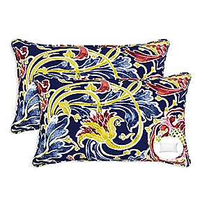 FBTS Prime Pack of 2 Outdoor Waterproof Decorative Lumbar Pillows with Inserts for Patio Furniture, 20x12 Inch Fade Resistant Patio Garden Lumbar Cushions for Couch Bed Sofa, Jacobean Navy