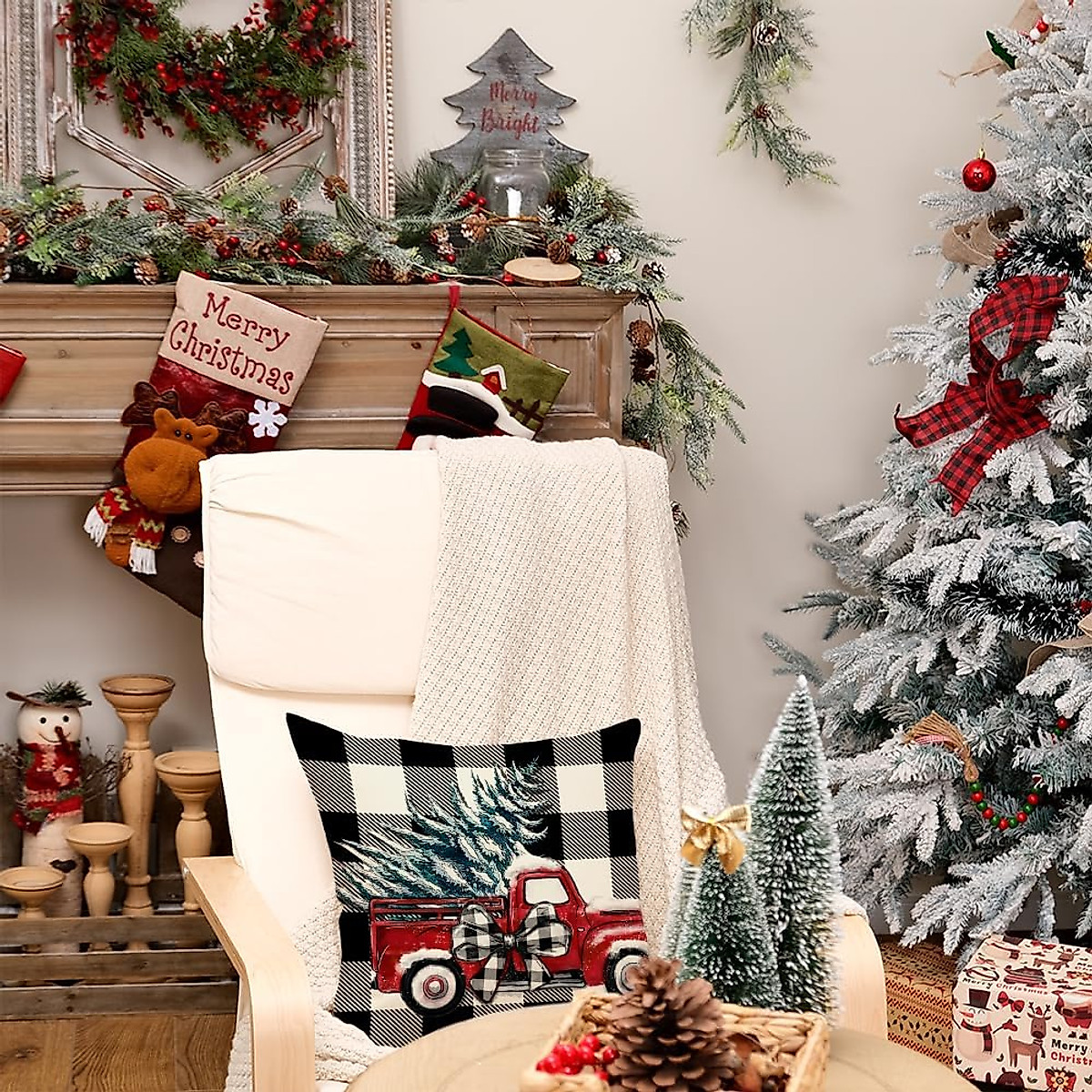 AACORS Christmas Pillow Covers 18 x 18 Inch Set of 4, Buffalo Polka Dots Bowknot Snow Tree Merry Xmas Decorations Holiday Farmhouse Winter Throw Pillow Cases Decor for Sofa Couch AA272-18