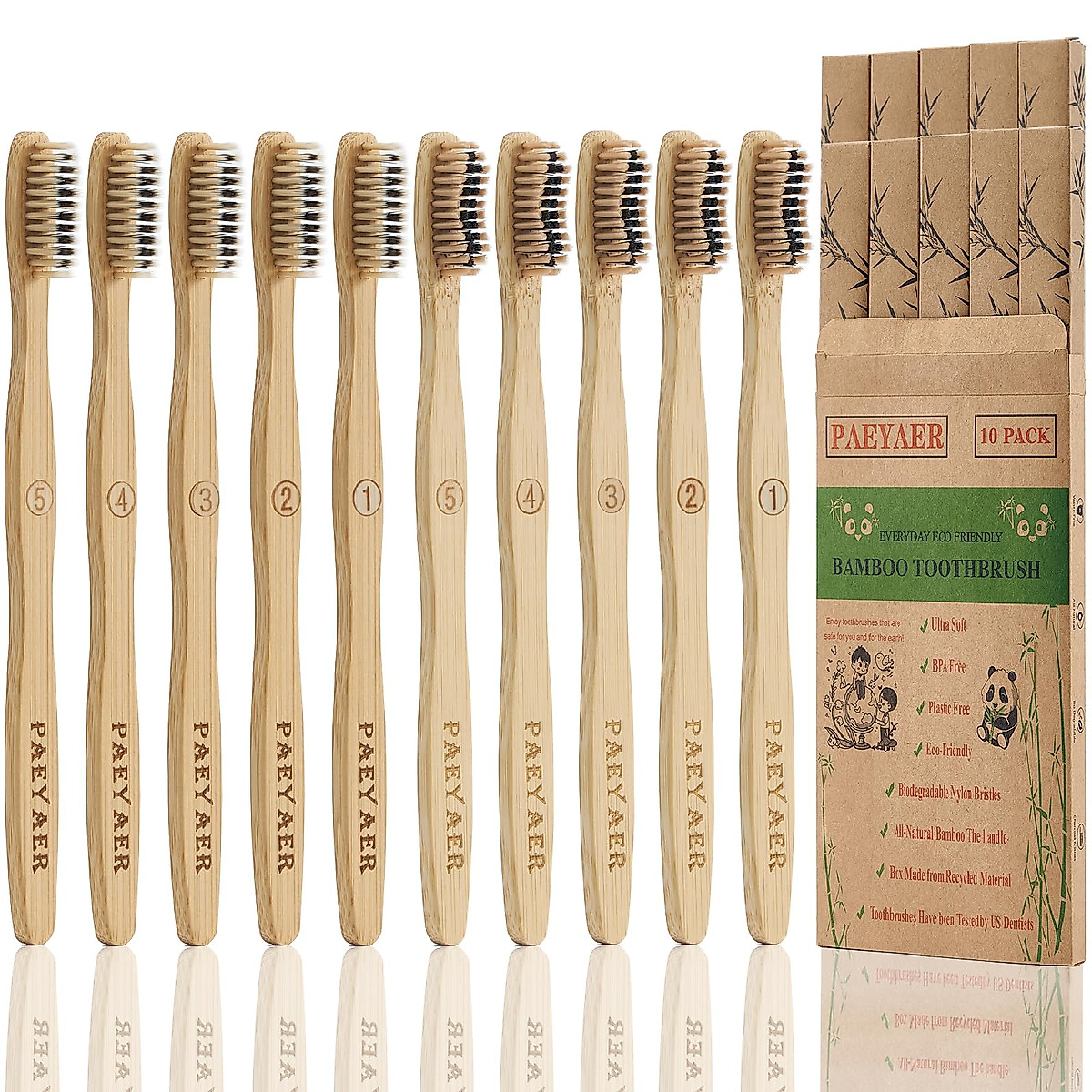 paeyaer 10 Count Bamboo Toothbrushes (Toothbrush Soft+Toothbrush Medium) Charcoal Toothbrushes - Natural Wood Toothbrushes Bulk, Reusable Travel Toothbrushes