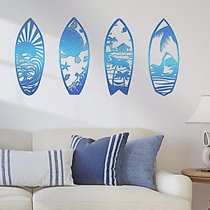 4Pcs Metal Surf Board Wall Decor Summer Surfboard Beach Signs Shark Palm Tree Wall Art Tropical Wall Decor Hanging Coastal Wall Decor Sea Turtle Wall Decoration for Wall Door (Blue)