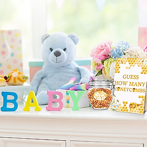 Glenmal 114 Pcs Bee Baby Shower Games Guess How Many Honeycombs Wooden Guessing Game Sign 100 Guessing Cards 10 Pencils 2 Stickers 1 Bottle for Guests Baby Shower Gender Reveal Party, No Honeycombs