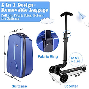 MRPLUM Scooter Luggage Detachable Ride On Suitcase Scooter for Kids Age 4-15,Carry-On Luggage Airline Approved,Multifunctional Travel Trolley Kids Scooter Suitcase Blue