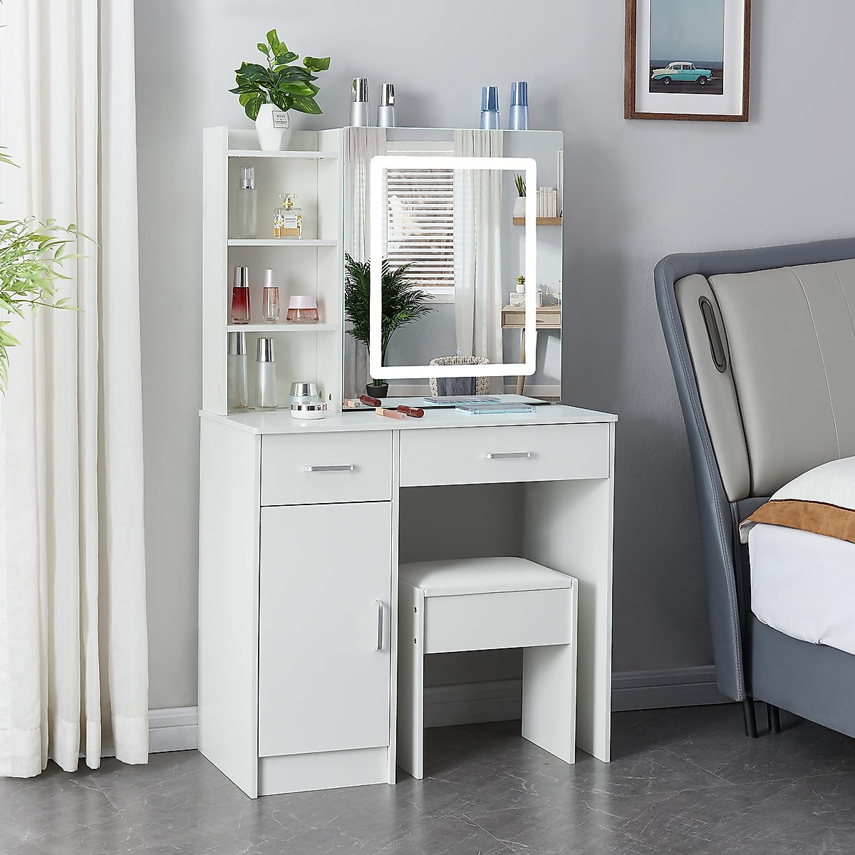 Logimiz Vanity Desk with Mirror and Lights-3 Colors and Brightness Adjustable, Girls Makeup Vanity with Hiding Shelves, White Vanity Set with Cabinets, Drawers and Cushioned Stool